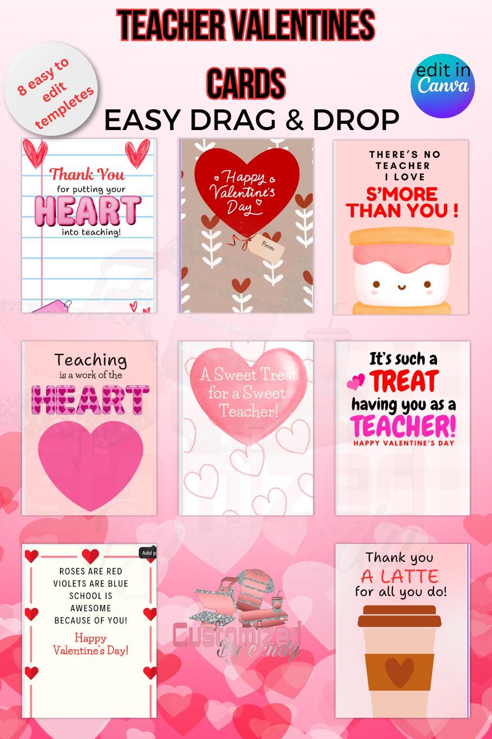 Teacher Valentine Cards Template: Editable Canva Design (digital ...
