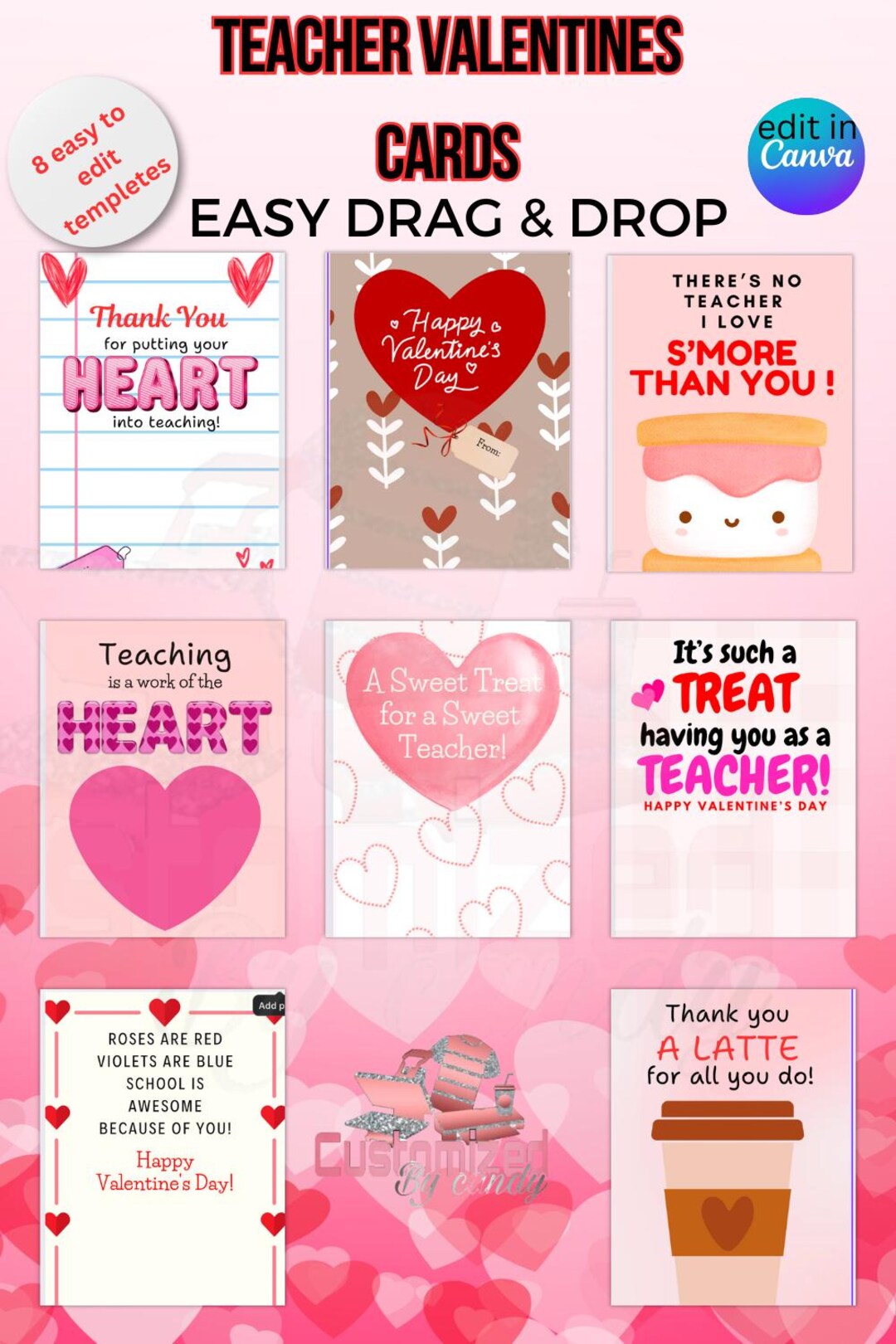 Teacher Valentine Cards Template: Editable Canva Design (digital ...