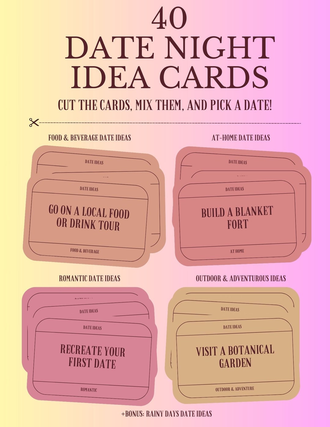Printable Date Night Idea Cards: 40 Unique Date Ideas (PDF) - Etsy
