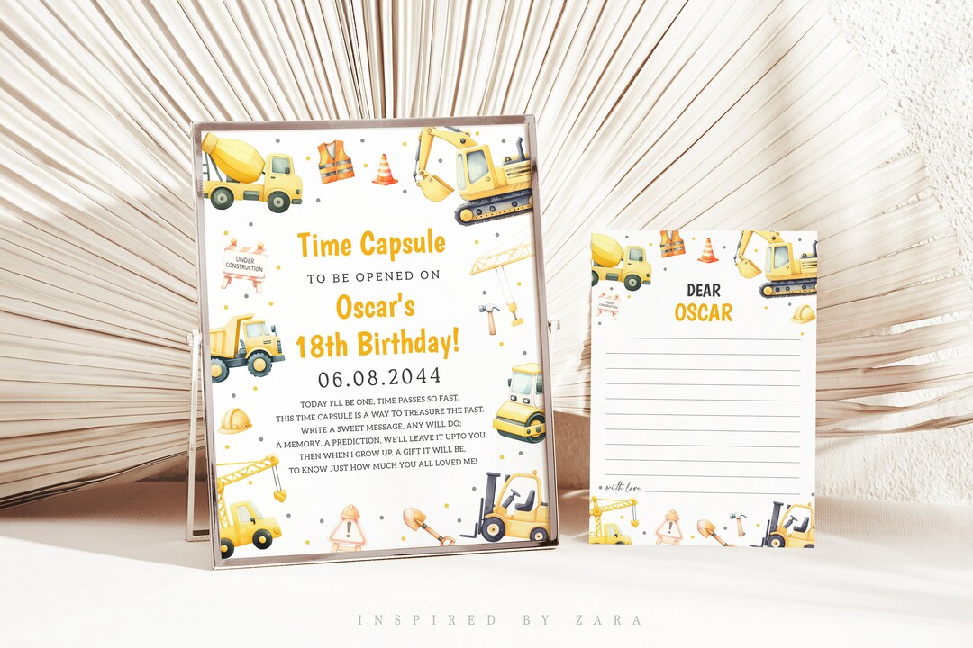 Construction Time Capsule, Boy Digger 1st Birthday Time Capsule Sign ...