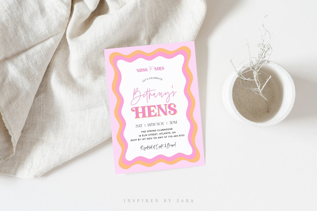 Wave Hens Party Invitation, Wavy Border Hens Invitation, Pink Hen Party ...