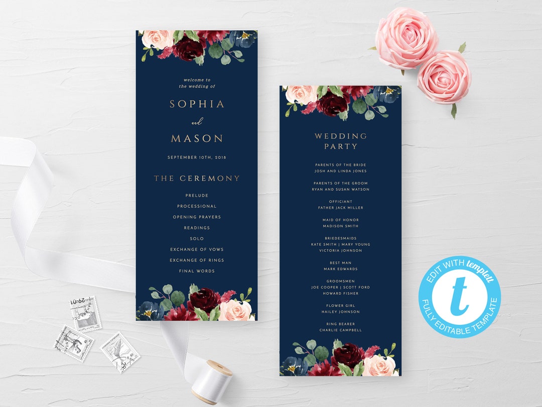 Navy Wedding Program Template Floral Wedding Program Printable - Etsy