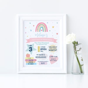 Editable First Day of Preschool Sign, Boho Rainbow Preschool Sign, Girl ...