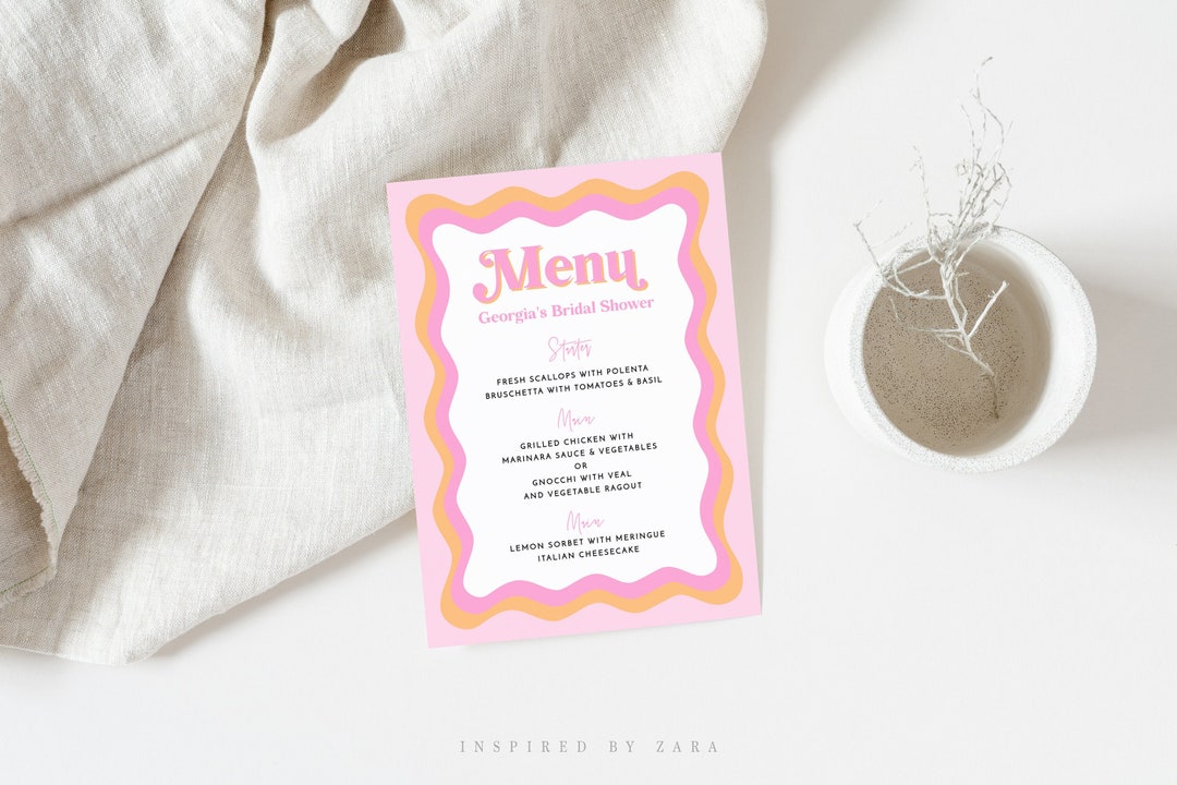 Wavy Border Menu Template, Bridal Shower Menu Template, Editable ...