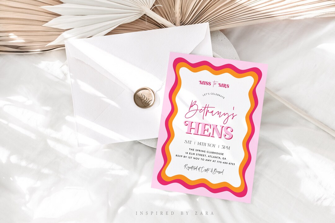 Wavy Hens Party Invitation, Wave Border Hens Invitation, Pink Orange ...