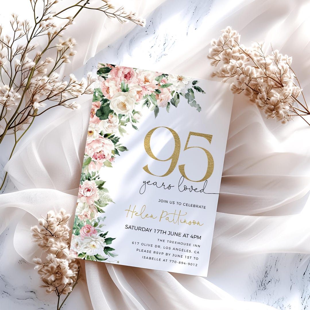 Floral 95th Birthday Invitation Template, Floral 95th Invitation, 95 ...