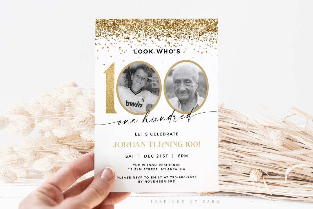 Gold 100th Birthday Invitation, Photo 100th Invitation, Look Who's 100 ...