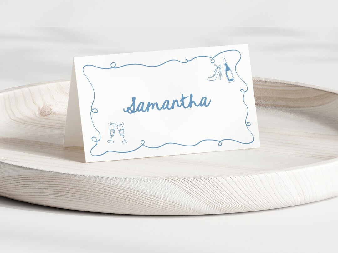 Hand Drawn Place Cards Template, Editable Place Card, Blue Place Cards ...