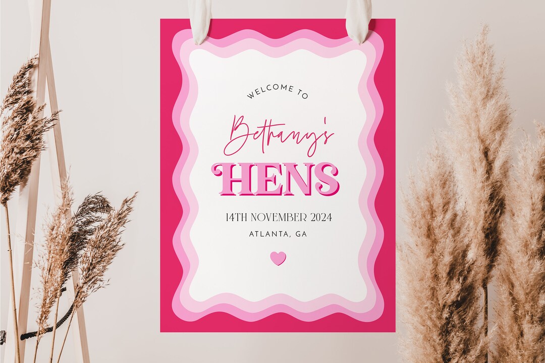 Wavy Hens Party Welcome Sign, Wave Border Welcome Sign, Editable ...