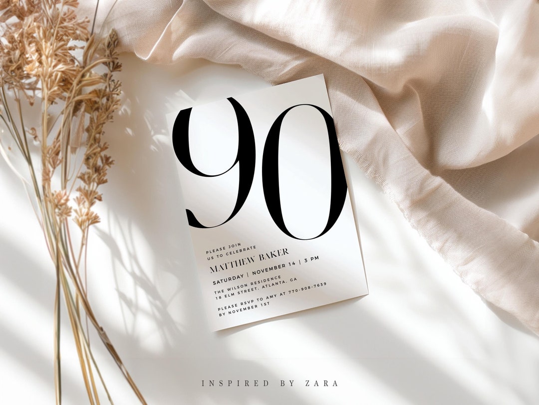 Male 90th Birthday Invitation Template, Black and White Birthday Invite ...