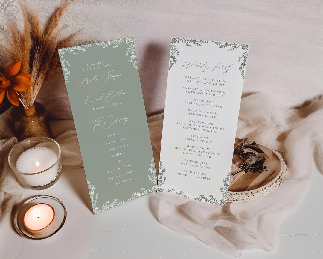 Sage Green Wedding Program Template, Vintage Floral Wedding Program ...