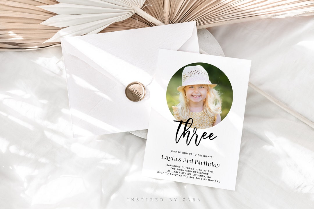 Photo 3rd Birthday Invitation Template, Simple 3rd Birthday Invite ...