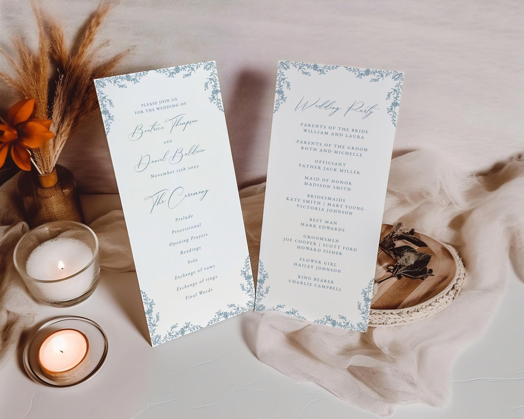 Vintage Floral Wedding Program Template, Blue Floral Wedding Program ...