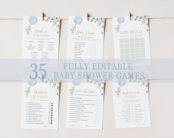 Editable Blue Balloon Baby Shower Games Bundle, Watercolor Balloon Baby ...