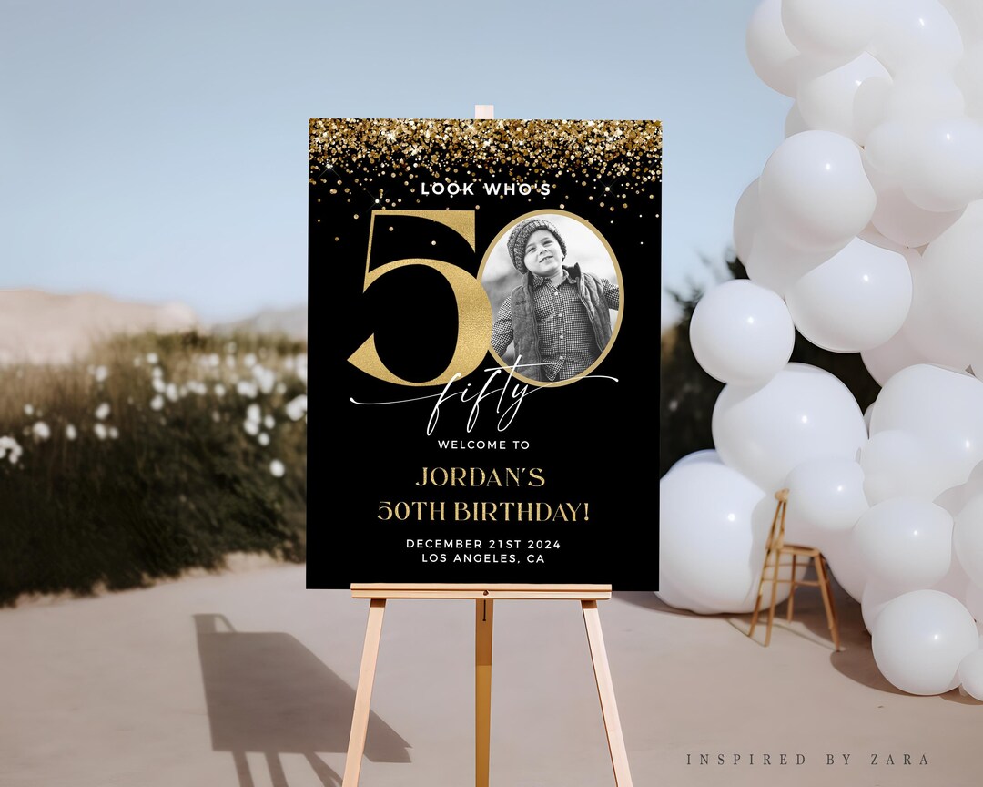 50th Birthday Welcome Sign, 50th Welcome Sign With Photo, Black and ...