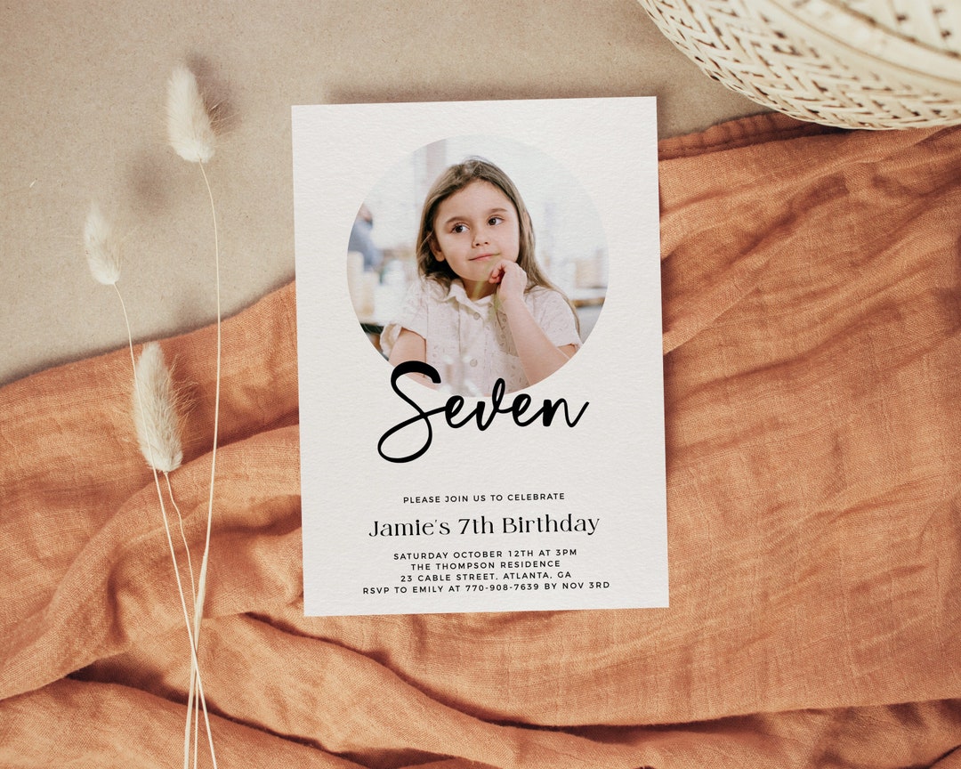 7th Birthday Invitation Template, Photo 7th Birthday Invite, Editable ...