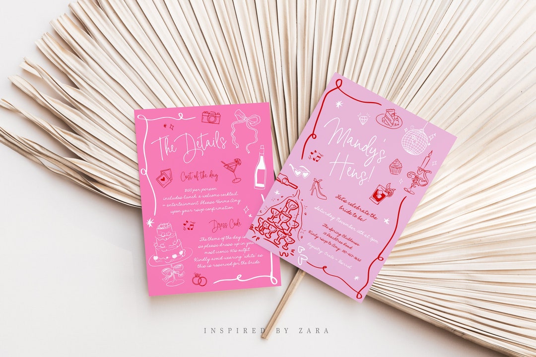 Hand Drawn Hens Party Invitation, Pink Red Hens Invite, Squiggly Border ...