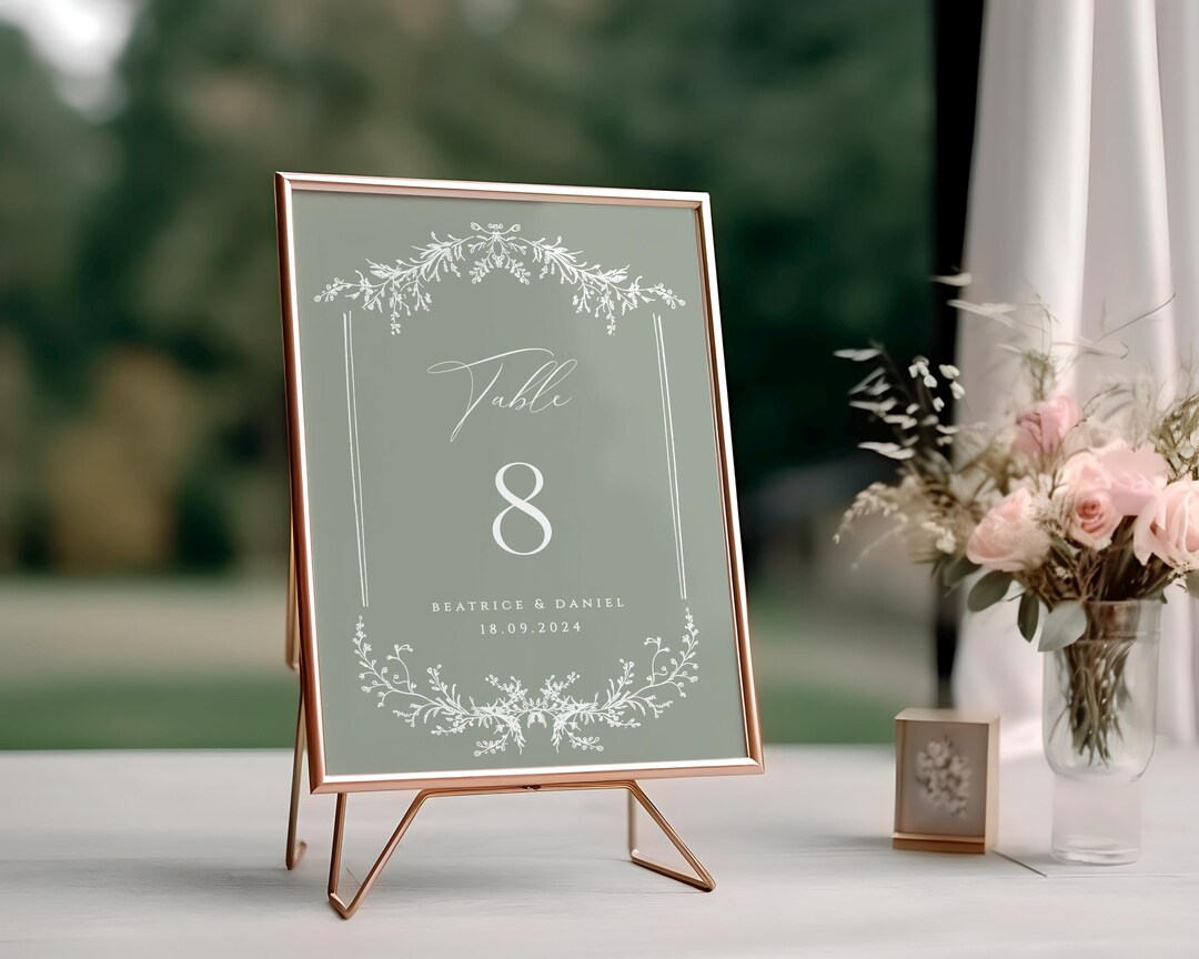Sage Green Floral Table Number Template, Elegant Table Numbers, Vintage ...