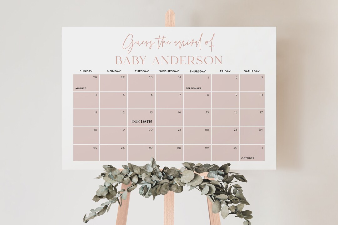 Dusty Pink Due Date Calendar Template, Baby Birth Date Sign, Guess the ...