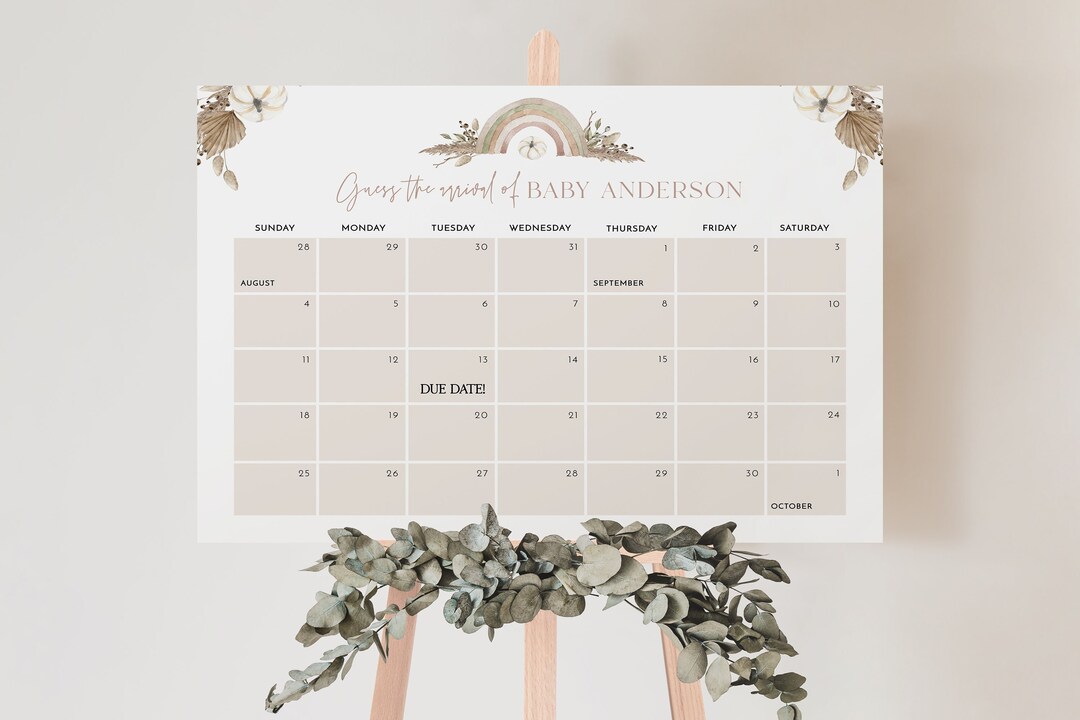 Boho Rainbow Due Date Calendar Template, Pumpkin Baby Birth Date Sign ...