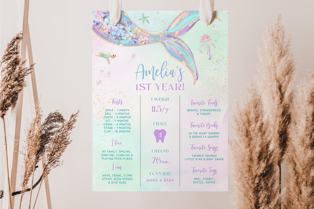 Mermaid 1st Birthday Milestone Sign Template, Oneder the Sea, Mermaid ...