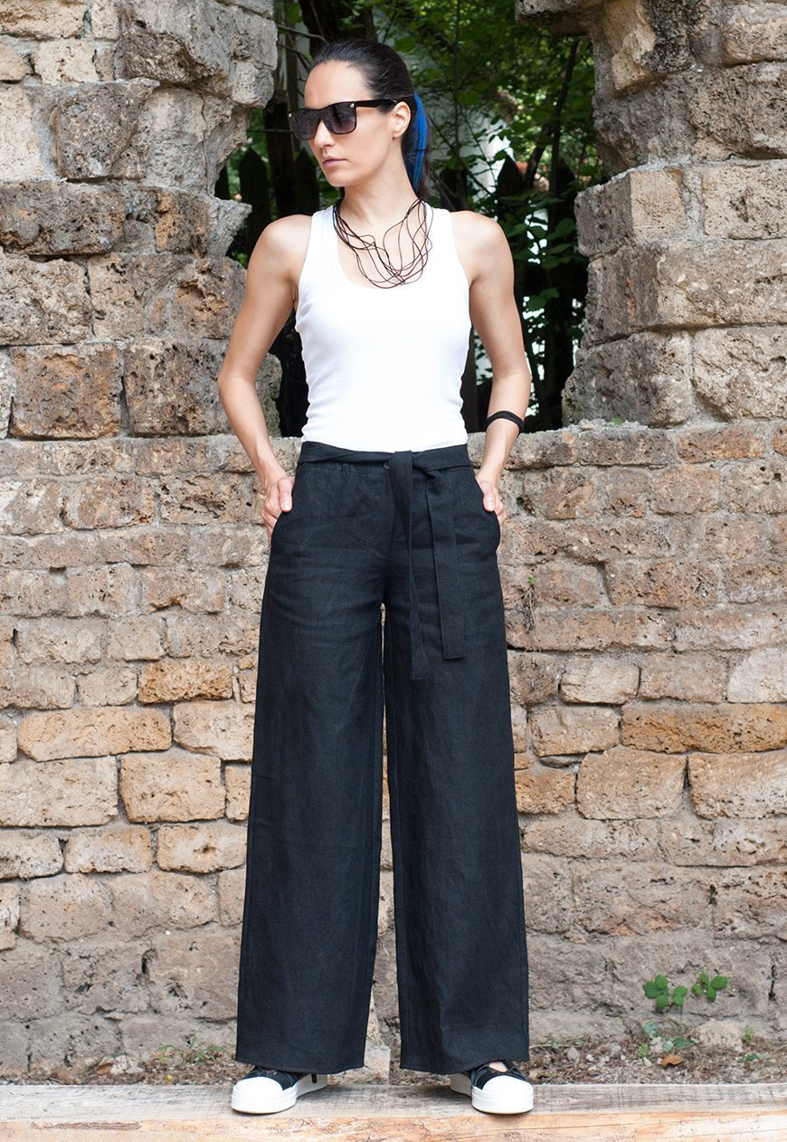 Linen Womens Pants Black Woman Trousers Wide Leg Linen Pants Etsy