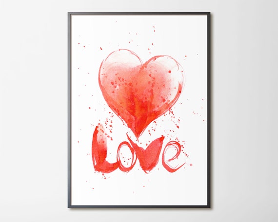 Red Heart Printable Wall Art Love Print Watercolor Art Cute | Etsy