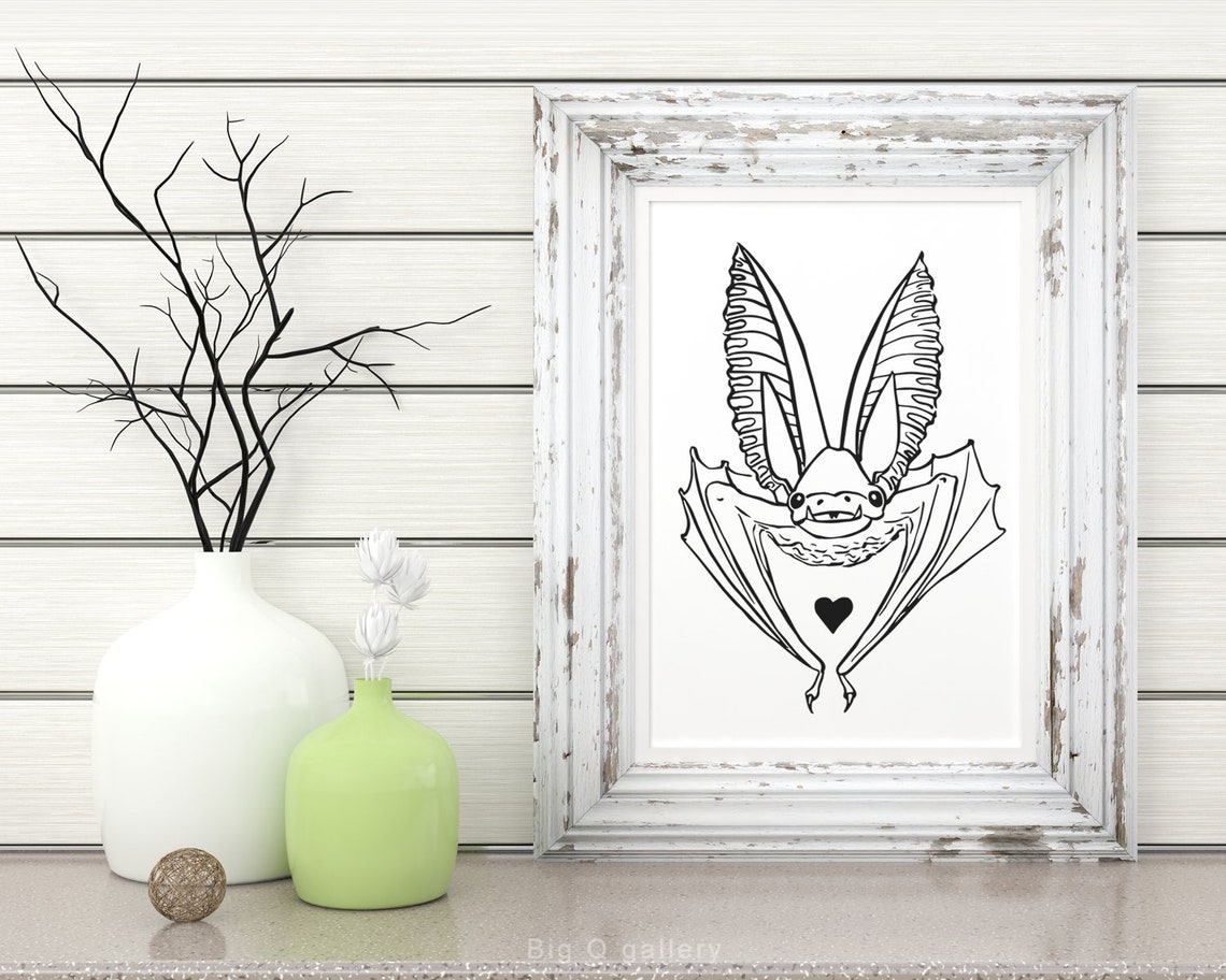 Bat Drawing Black and White Printable Wall Art Minimalist - Etsy