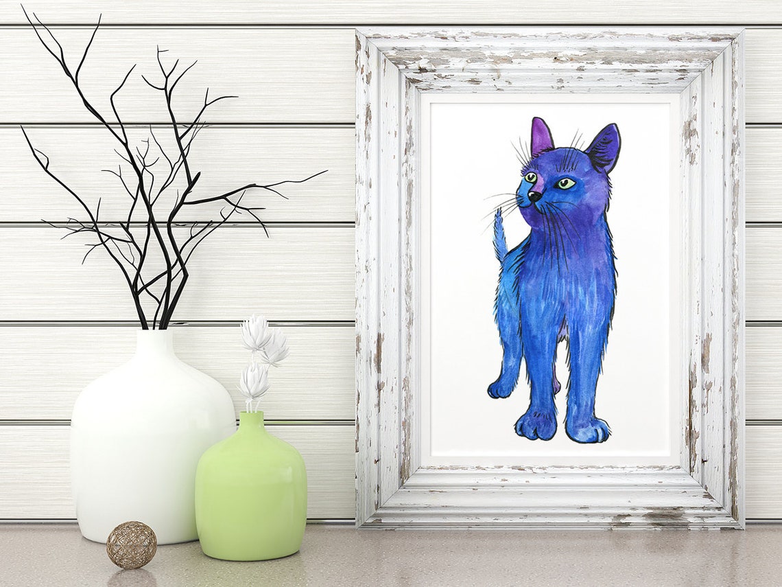 Cat Modern Printable Wall Art Blue Watercolor Cat Pet Portrait Abstract ...