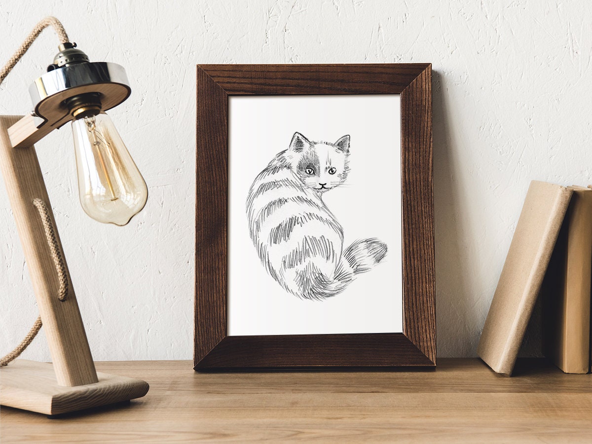 Cat Sketch Printable Wall Art Striped Cat Pencil Drawing Black - Etsy