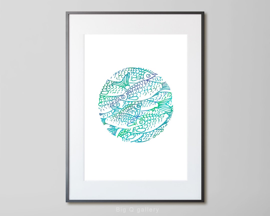 Fish in a Circle Printable Wall Art River Fish Drawing Blue Color Art ...