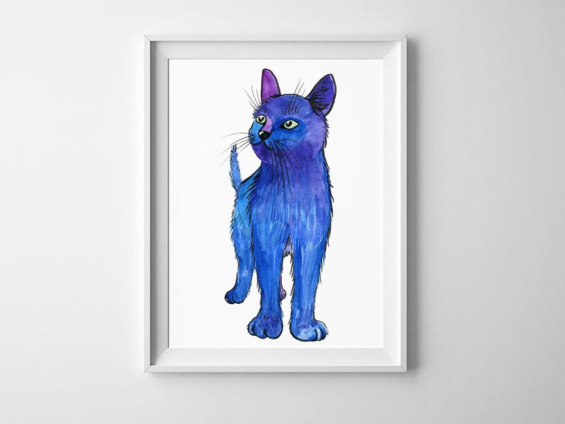 Cat Modern Printable Wall Art Blue Watercolor Cat Pet Portrait - Etsy