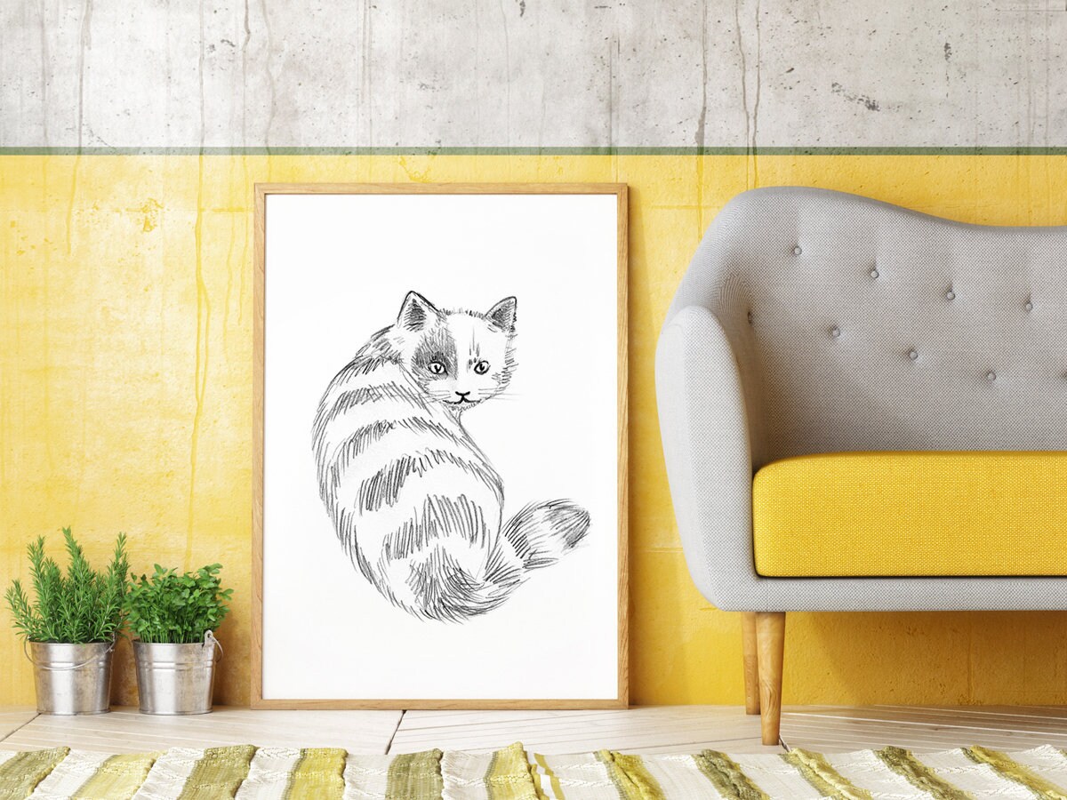 Cat Sketch Printable Wall Art Striped Cat Pencil Drawing Black - Etsy