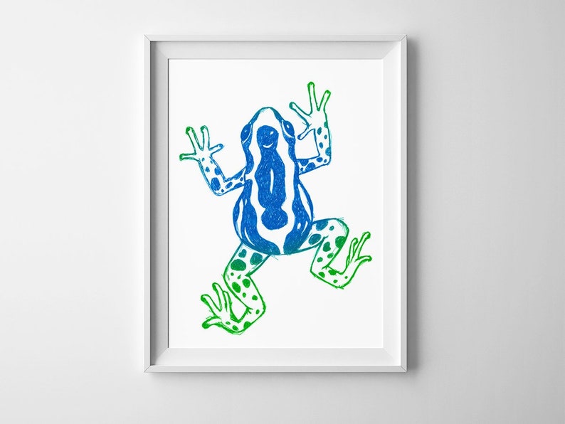 Cute Frog Sketch Printable Wall Art Blue Drawn Frog Cartoon Animal ...