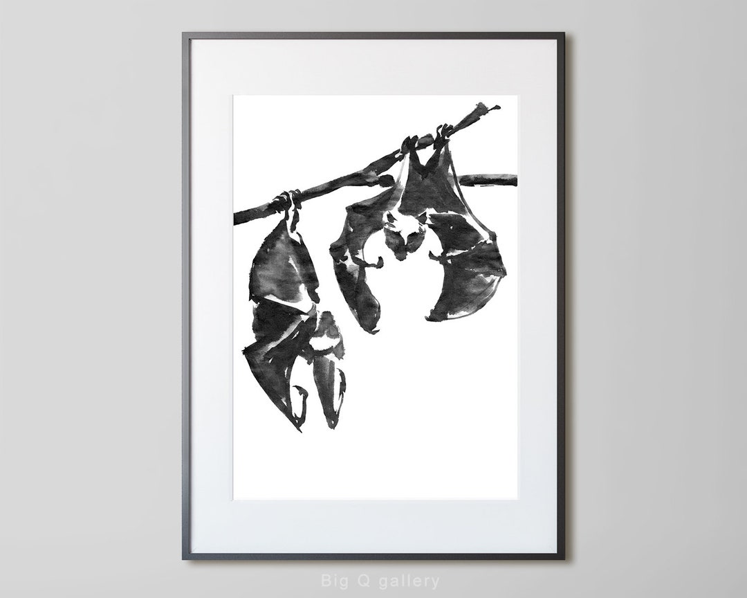 Bat Ink Drawing Printable Wall Art Black and White Animal Sketch ...