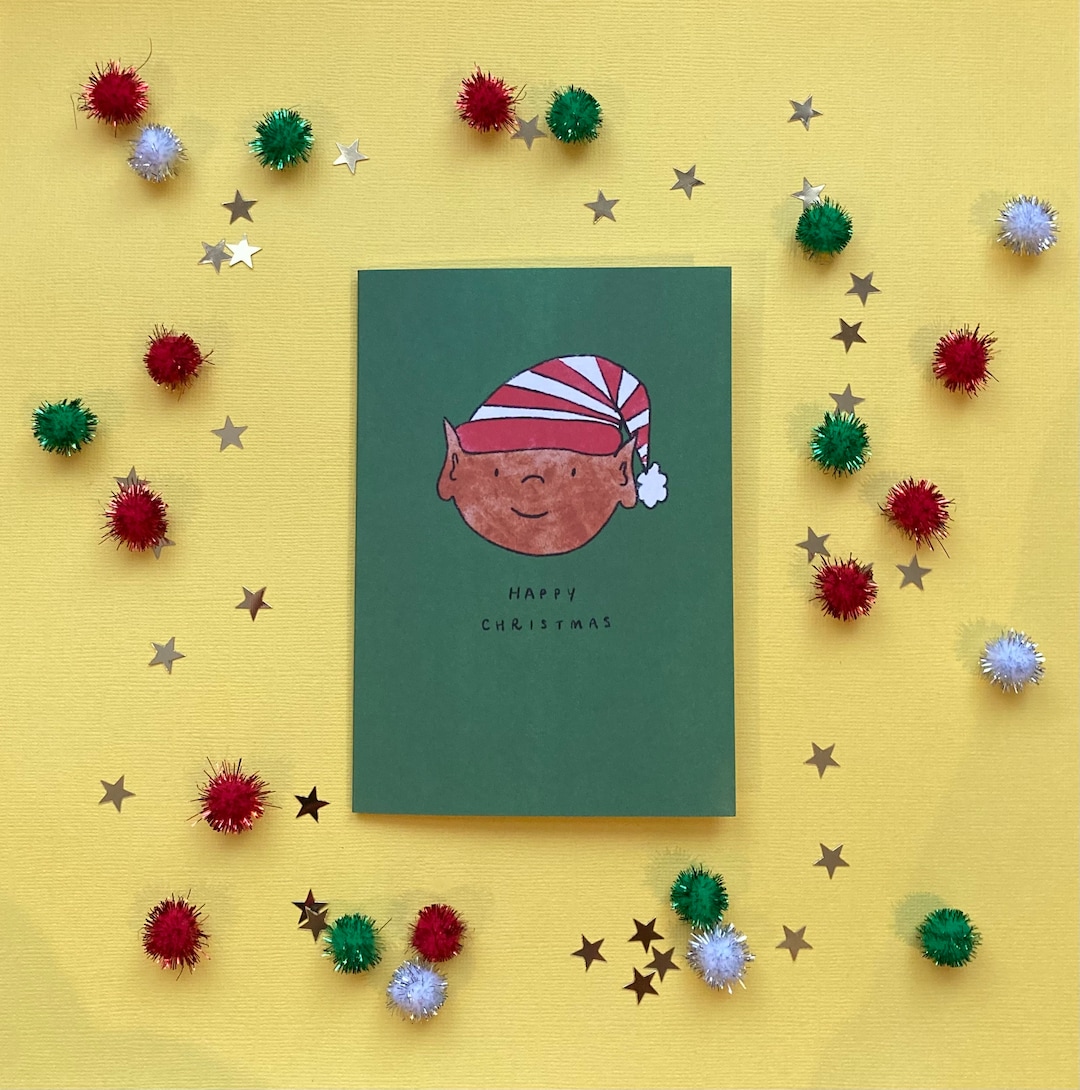 Smiley Elf Handmade Illustrated Christmas Card, Xmas Greeting Card ...