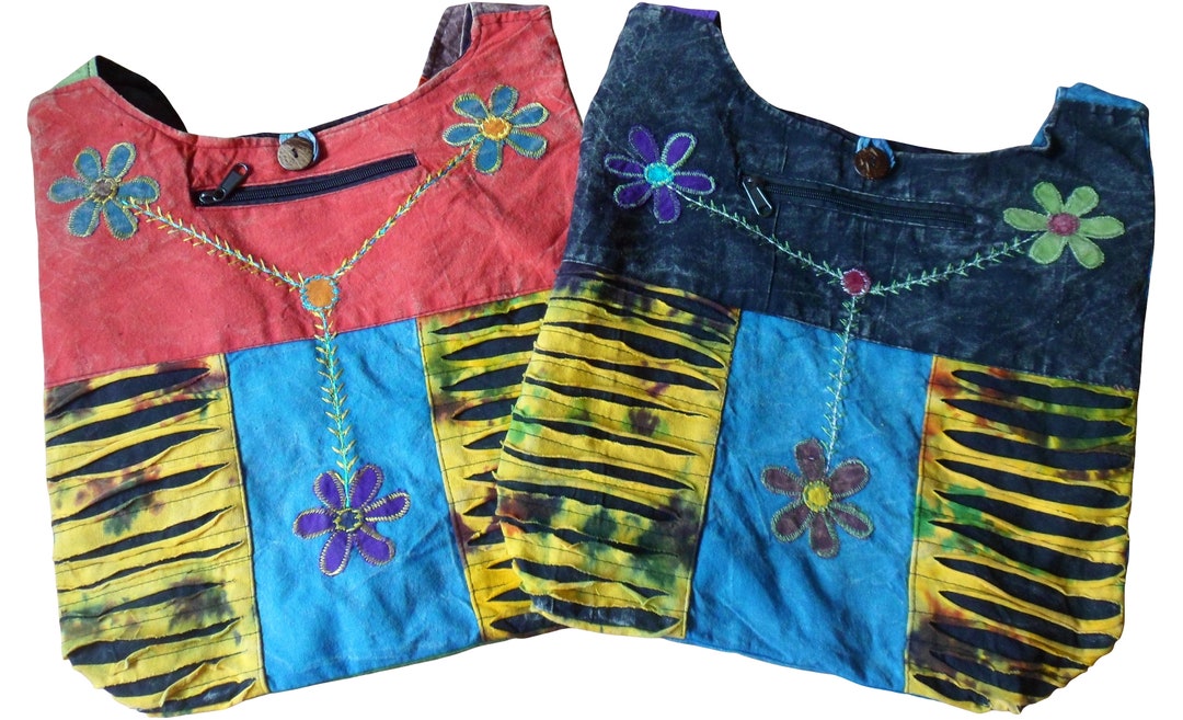 Cotton Hippy Boho Patchwork Bag With Applique Flowers & Razor Cut ...