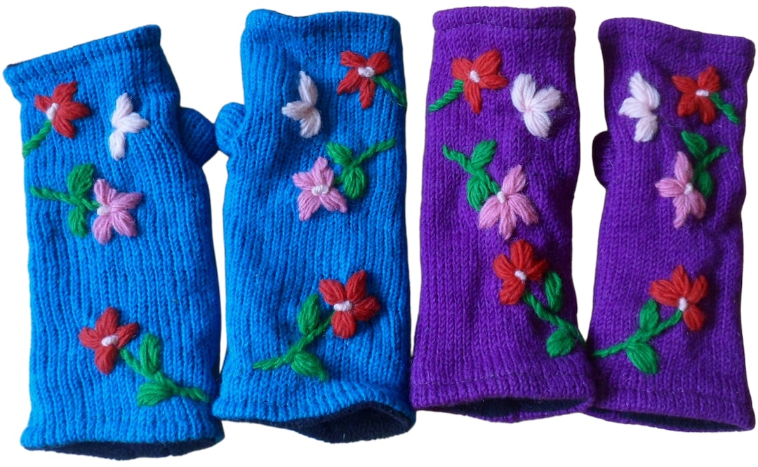 Wool Fleece Lined Hippy Boho Tube Fingerless Flower Gloves Wrist ...