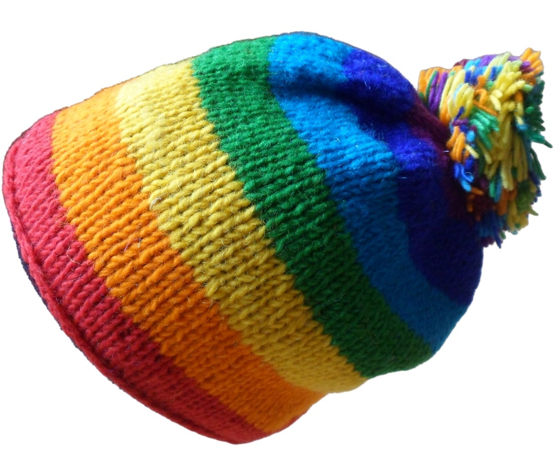 Fair Trade Fleece Lined Rainbow Stripe Wool Hat Beanie Skate Hippy Boho ...