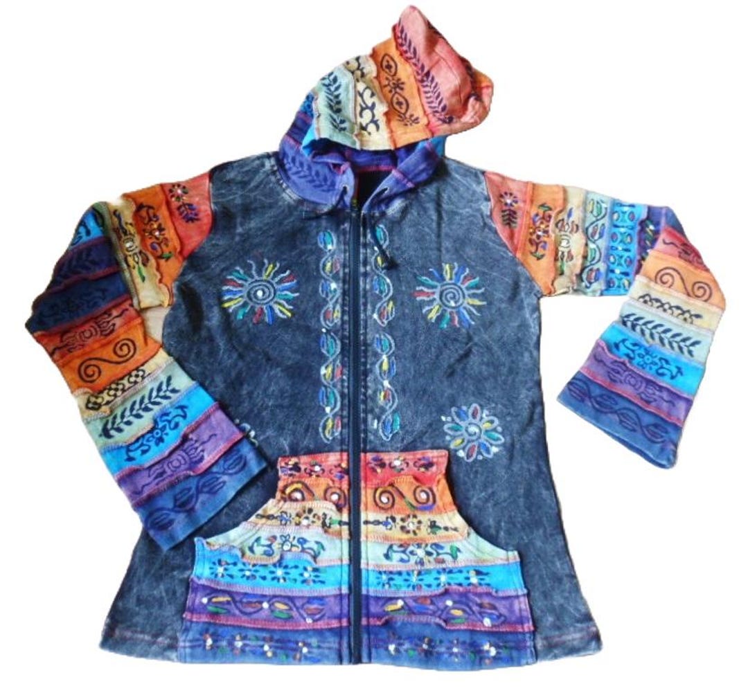 Nepalese Patchwork Printed Painted Boho Hippy Festival Hooded Jacket L ...