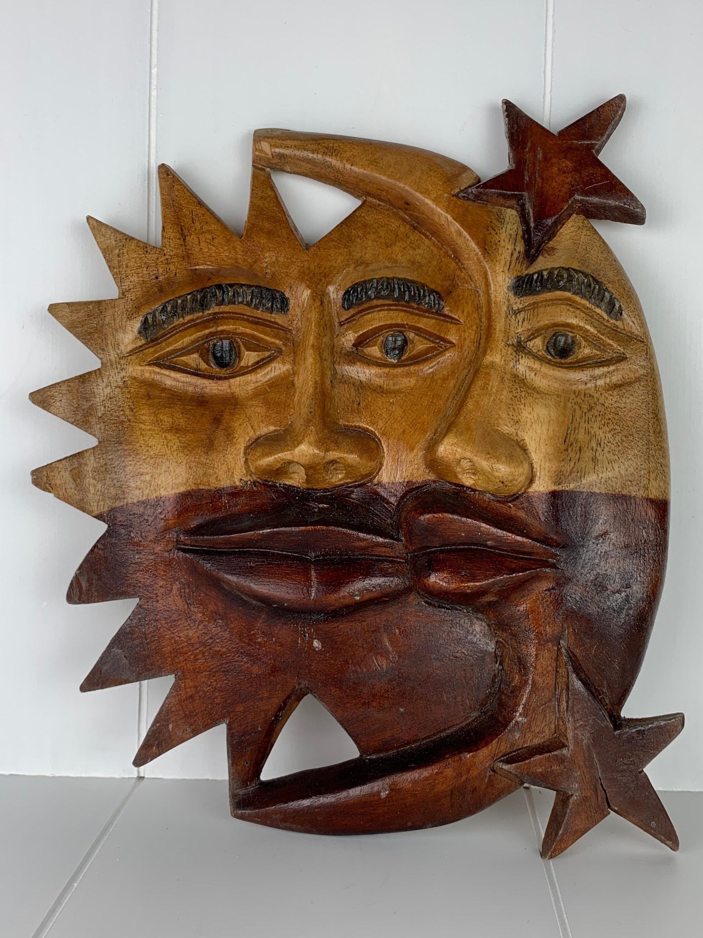 Vintage Handmade Wood Carving / Sun Moon Stars Wall Decor / Eclectic ...