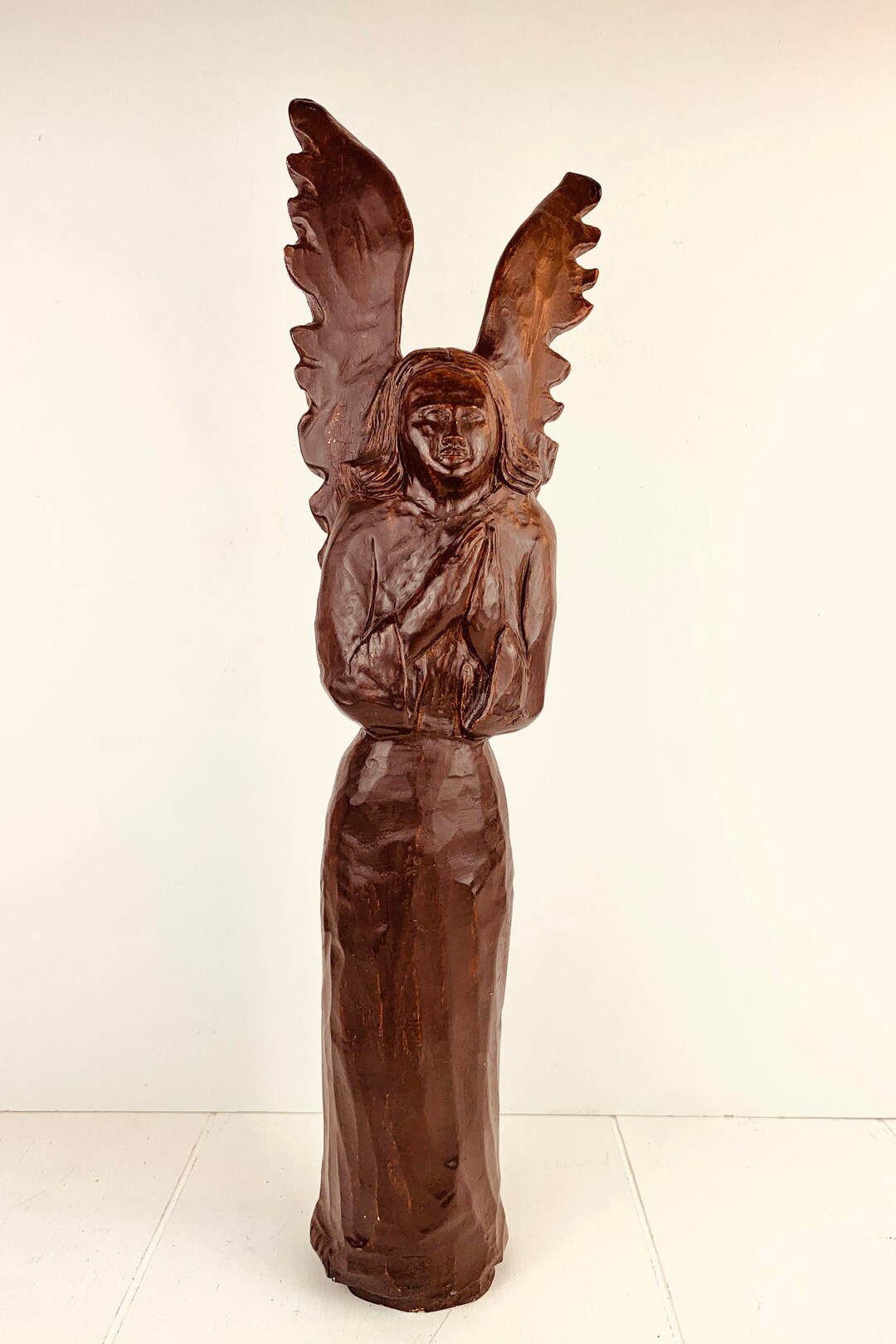 Vintage Hand Carved Wood Angel Statue - Etsy