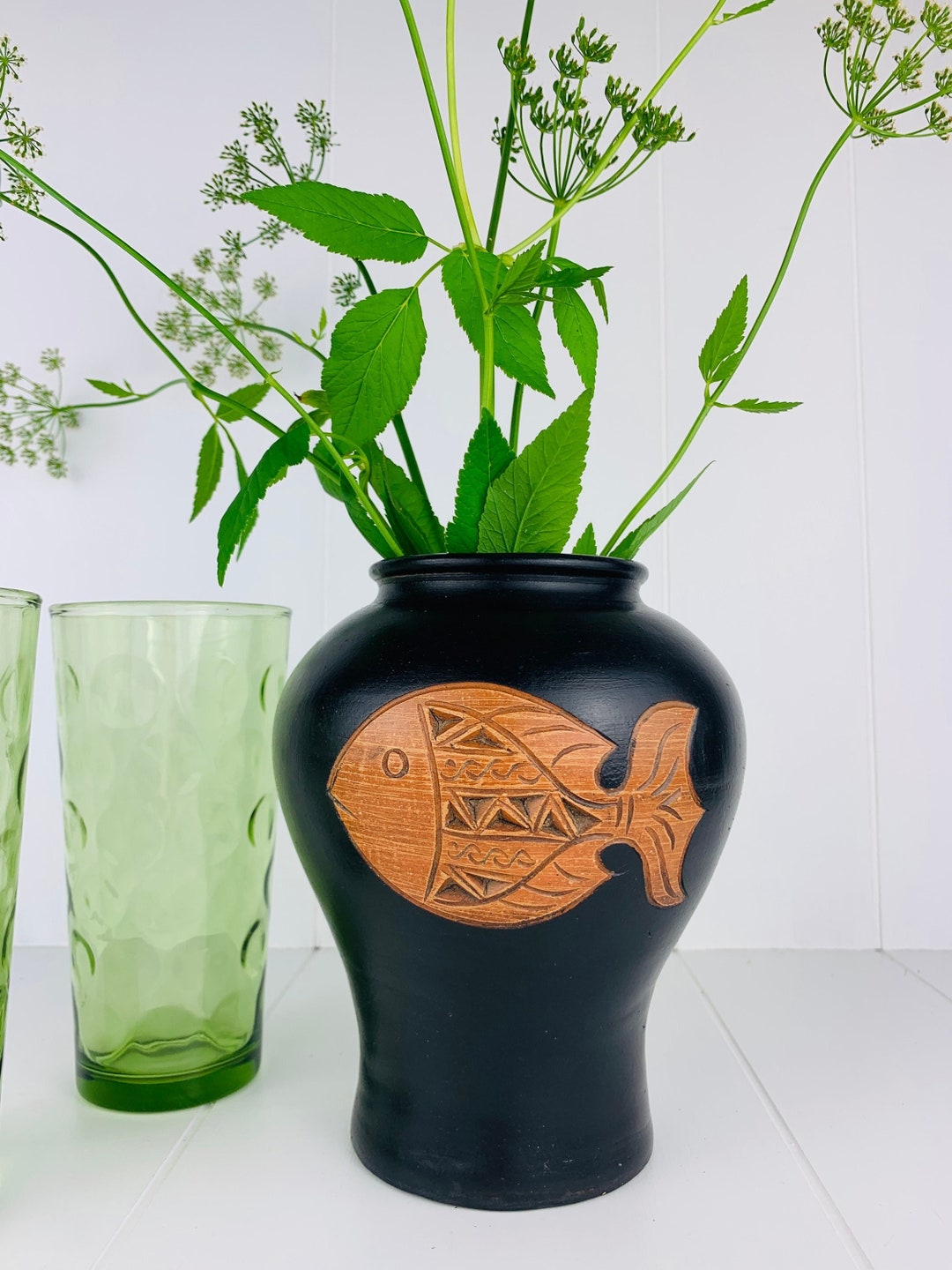 Vintage Coil Clay Vase / Carved Fish Detail / Melody Gift / Gift - Etsy