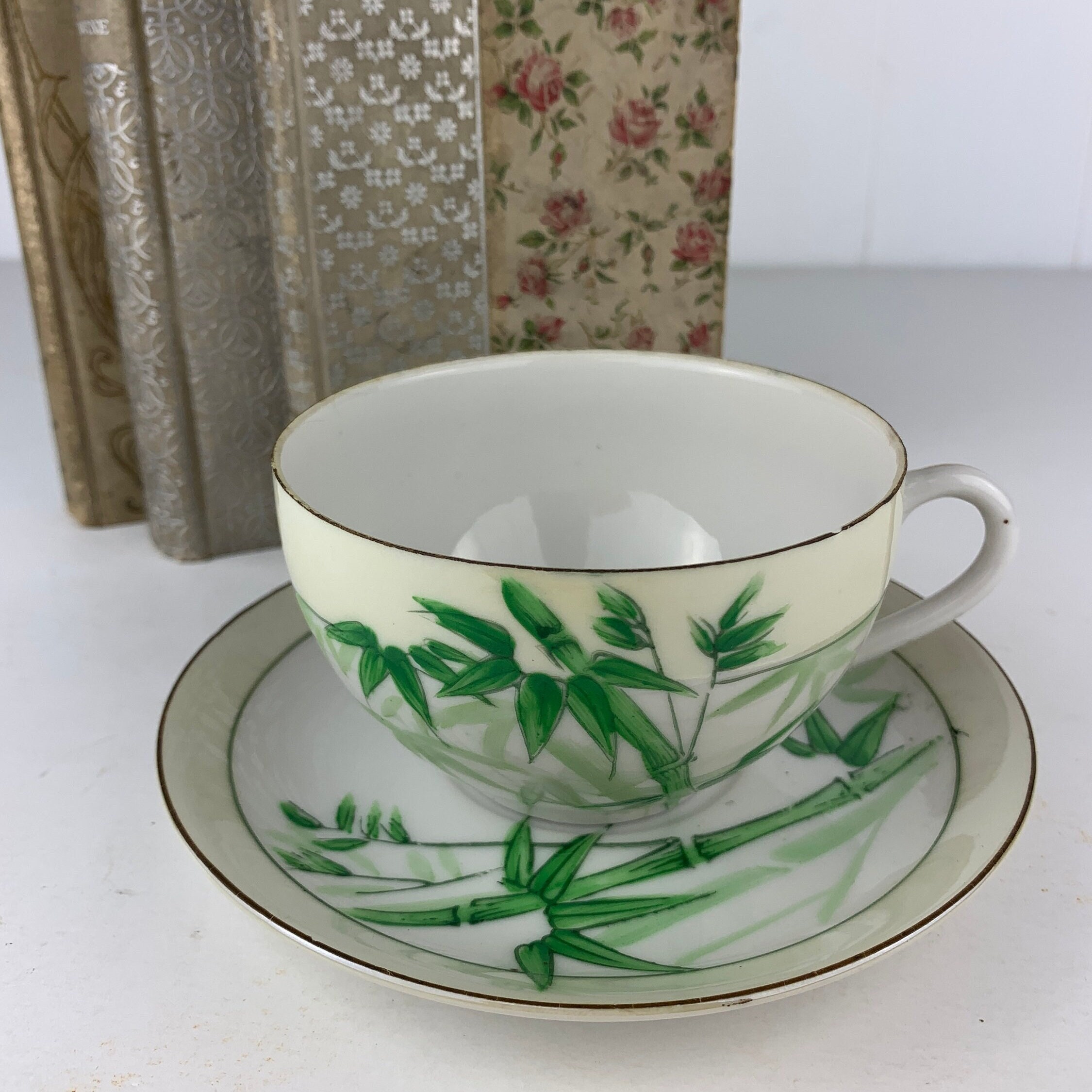 Vintage Occupied Japan Teacup and Saucer / Green Bamboo Design - Etsy