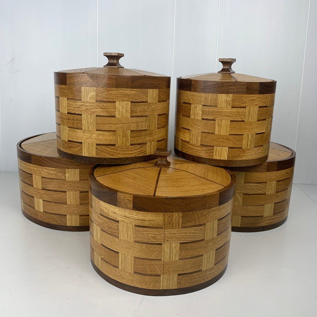 Vintage Wood Inlay Nesting Bowls With Lids / Handmade / Basket Weave ...
