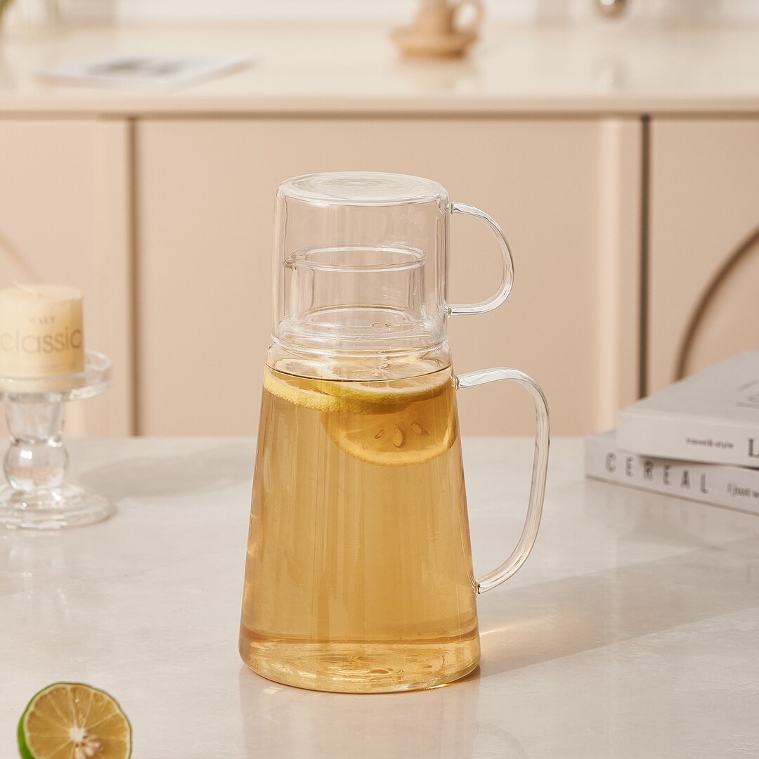 Borosilicate Glass Water Jug and Cup Set With Lid 1.2L Pitcher With ...