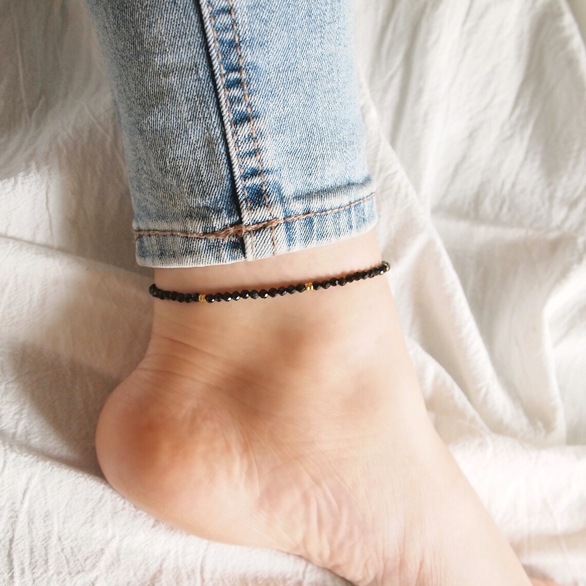 Beaded Black Tourmaline Anklet, Dainty Woman Anklet, Black Gemstone ...