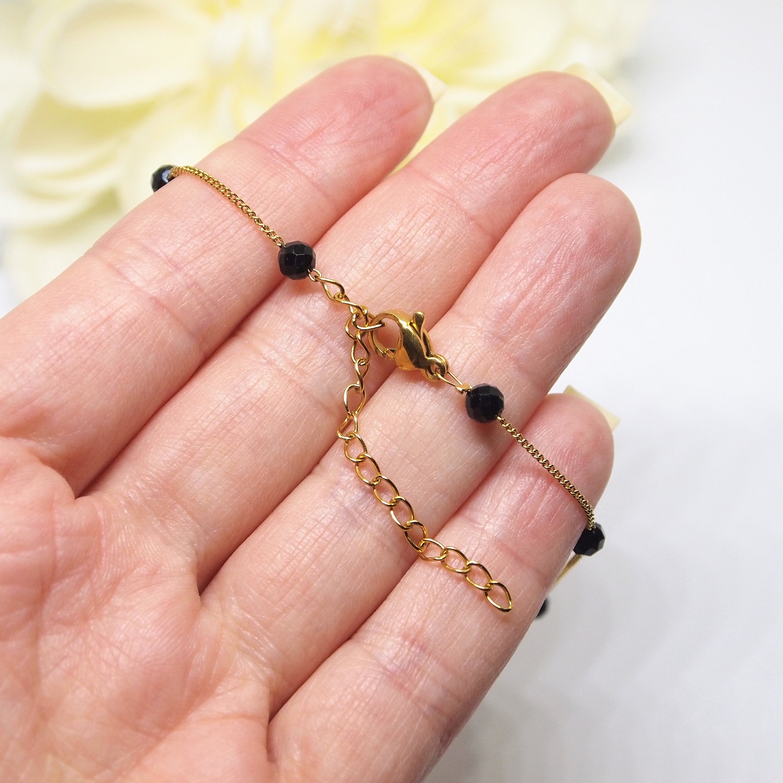 Beaded Black Tourmaline Anklet, Gemstone Chain Anklet, Black Tourmaline ...