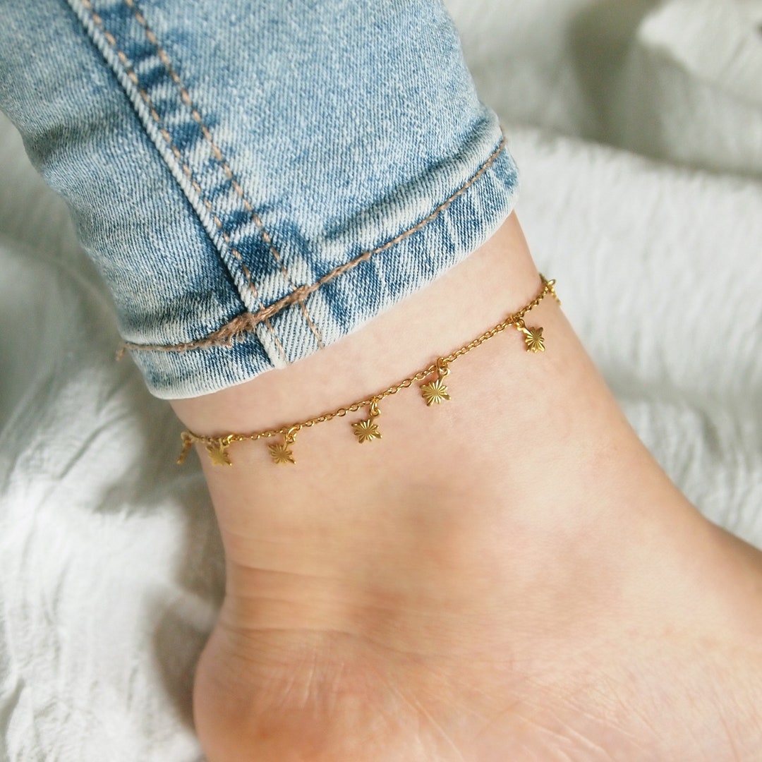 Gold Star Anklet, Dainty Woman Anklet, Dangling Stars Anklet, Stainless ...