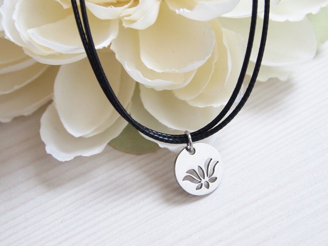 Lotus Cord Necklace, Silver Coin Lotus Choker, Yoga Choker Necklace ...